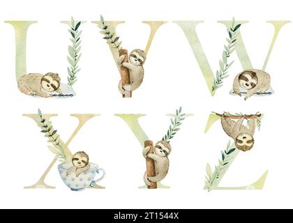 Watercolor letters with cute sloths for invitation card, nursery poster ...