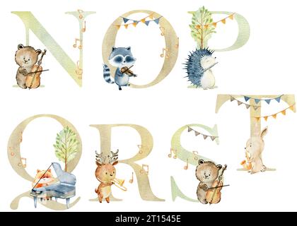 Watercolor woodland animals letters for invitation card, nursery poster ...