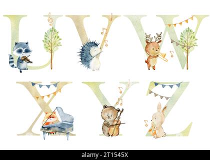 Watercolor woodland animals letters for invitation card, nursery poster ...