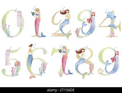 Watercolor sea animals numbers Stock Photo - Alamy
