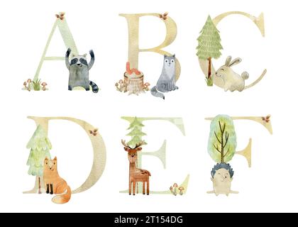 Watercolor woodland animals letters for invitation card, nursery poster ...