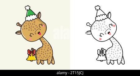 New Year Kawaii Giraffe for Coloring Page and Illustration. Adorable ...