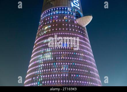 Illuminated Torch Tower aka Aspire Tower by night, Doha, Qatar Stock ...