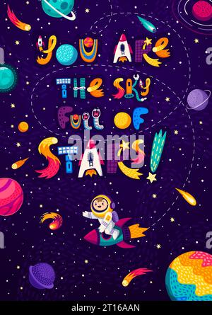Cartoon space letter N on starry galaxy vector background. Kids ...