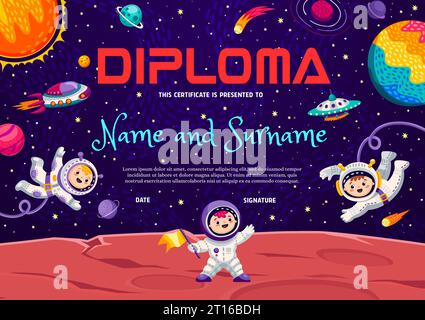 Kids astronaut diploma. Astronauts in outer space on planet surface ...