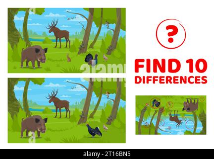 Forest animals find differences game. Educational kids games characters ...