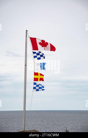 flag of Labrador , Canada at cloudy sky background on sunset, panoramic ...