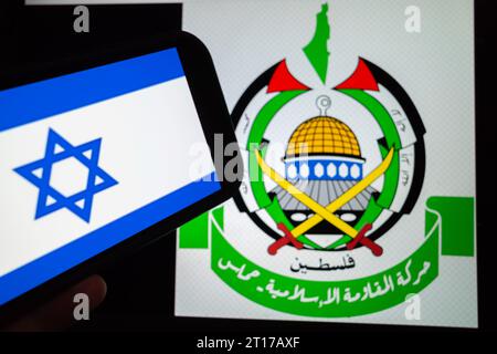 October 12, 2023: The emblem of the Hamas militant group with the ...