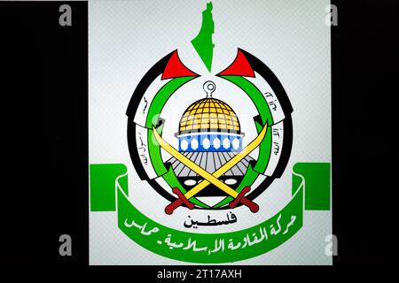 October 12, 2023: The emblem of the Hamas militant group as Israel and ...