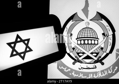 October 12, 2023: The emblem of the Hamas militant group as Israel and ...