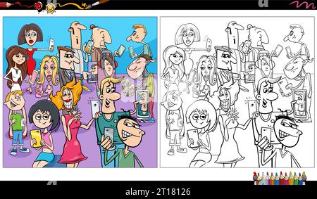 Cartoon illustrations of funny crowd of people comic characters group ...