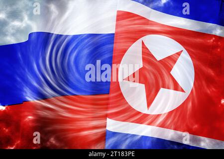 Die Fahnen von Russland und Nordkorea mit Gefahrenschild Stock Photo ...