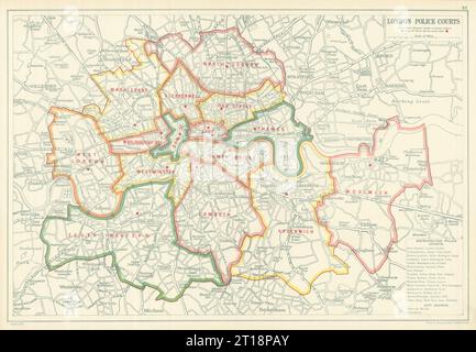 LONDON POLICE COURTS with divisions & court locations. BACON 1934 old ...