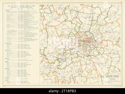 LONDON POOR LAW UNIONS. Workhouses. Populations. BACON 1913 old antique ...