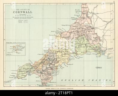 CORNWALL: Antique county map. Railways roads canals. Constituencies ...