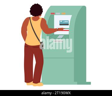 Man using self-service payment and information electronic terminal with touch screen. Vector ...