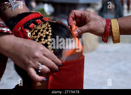 Lalitpur, Bagmati, Nepal. 12th Oct, 2023. A girl from Newar community ...