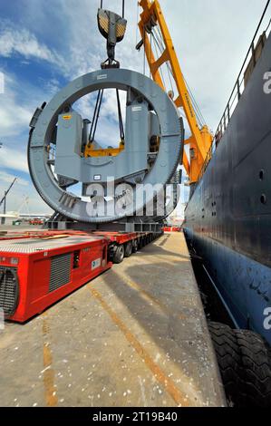 A newly constructed rail car dumper being loaded on to a shipping ferry ...
