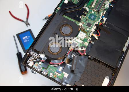Top view. Notebook computer motherboard, motherboard and circuit repair ...