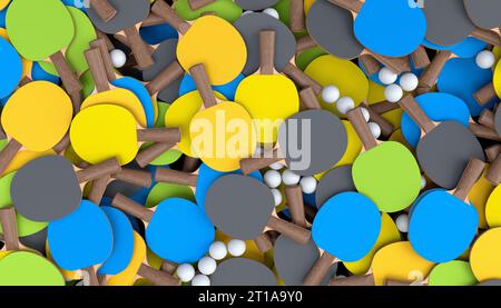 Pile of sport equipment like ping pong racket for table tennis on white ...