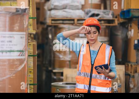 Tired Asian woman labor worker wearing a safety helmet and vest ...