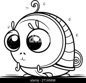Black and white illustration of a smiling snail near a mushroom house ...
