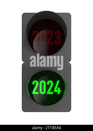 Traffic light with green light 2024 and red 2023 on sky background ...