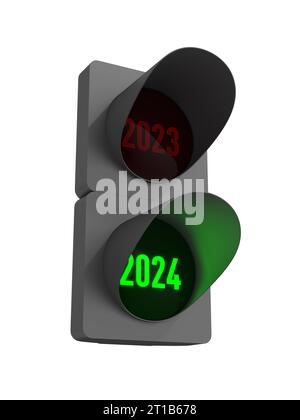Traffic light with green light 2024 and red 2023 on sky background ...