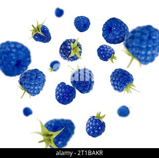 Many fresh blue raspberries falling on white background Stock Photo - Alamy