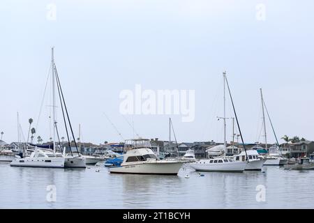 Boats and yachts on the coastline of Newport Beach, California on an ...