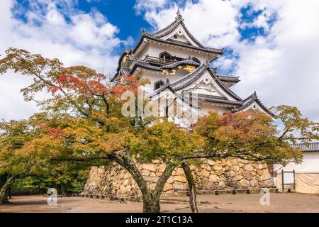 Japan, Hikone Castle. Main keep, borogata style three stories tenshu ...