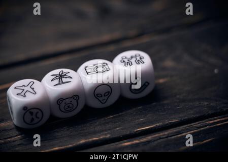Cubes dice with funny life style symbols. camera sign on a top side ...