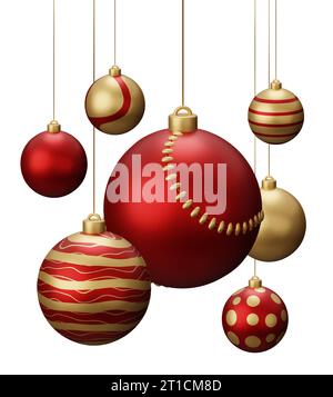 Red and Gold Baseball Hanging Christmas Balls. 3d render illustration ...