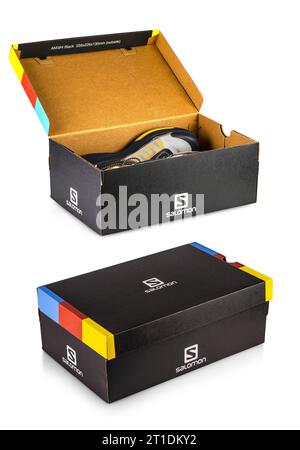 Salomon Sign On Salomon Shoe Box isolated on white background Stock ...