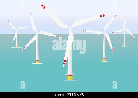 Offshore wind farm, vector illustration of windmill park at sea ...