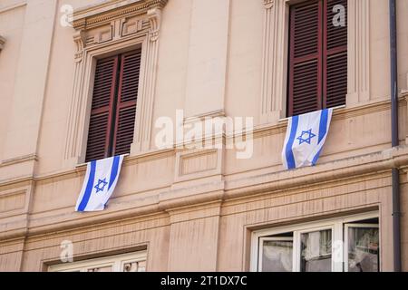 The national flag of Israel as windows in a wall from the Dohany street ...