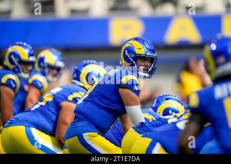 Los Angeles Rams players run onto the field before an NFL football game ...