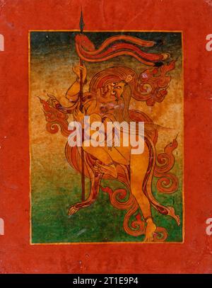 Yellow Yami (?) with Spear, Nyingmapa Buddhist or Bon Ritual Card, 18th ...