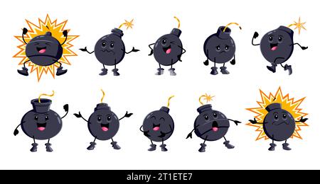 Cartoon comic bomb characters. Round explosives with wicks and retro ...