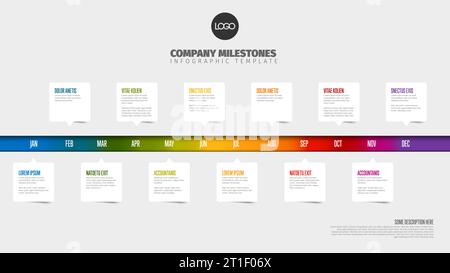 Full year rainbow timeline template with months texts in dark speech ...