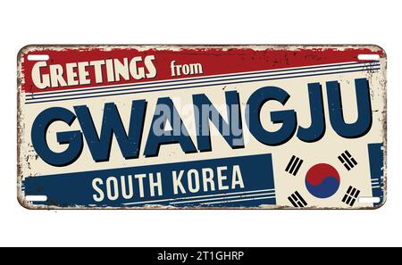 Greetings from South Korea vintage rusty metal sign on a white ...