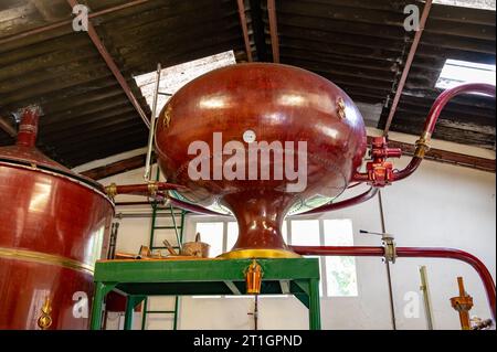 Double distillation process of cognac spirit in Charentias copper still ...