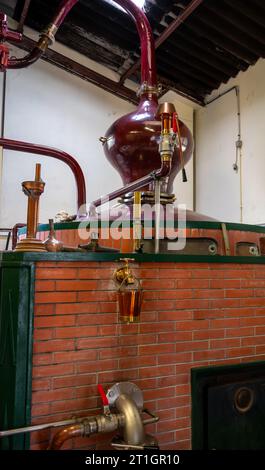 Double distillation process of cognac spirit in Charentias copper still ...