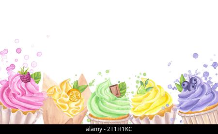 Banner rainbow multicolored cupcakes muffins, sweet whipped cream ...