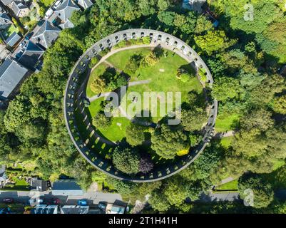 An aerial view of McCaig's Tower and Battery Hill, located in Oban ...