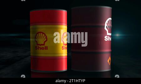 Poznan, Poland, October 12, 2023: Shell oil petroleum fuel barrels in ...