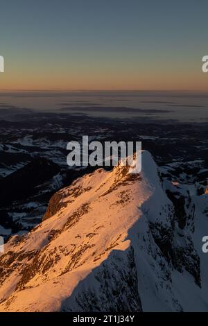 Beautiful alpine sunset at the famous Saentis summit, Schwaegalp ...