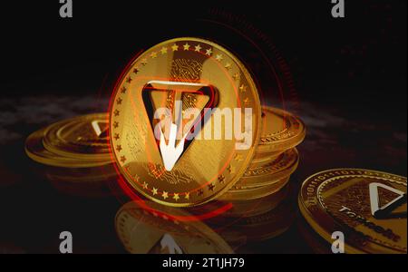 Toncoin TON cryptocurrency gold coin on green screen background ...