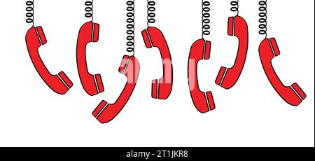 Cartoon old black handset with wire. Red, hot line telephone receivers ...