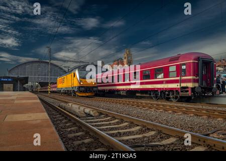 Euro express night long sleeping train in autumn morning in Prague CZ ...